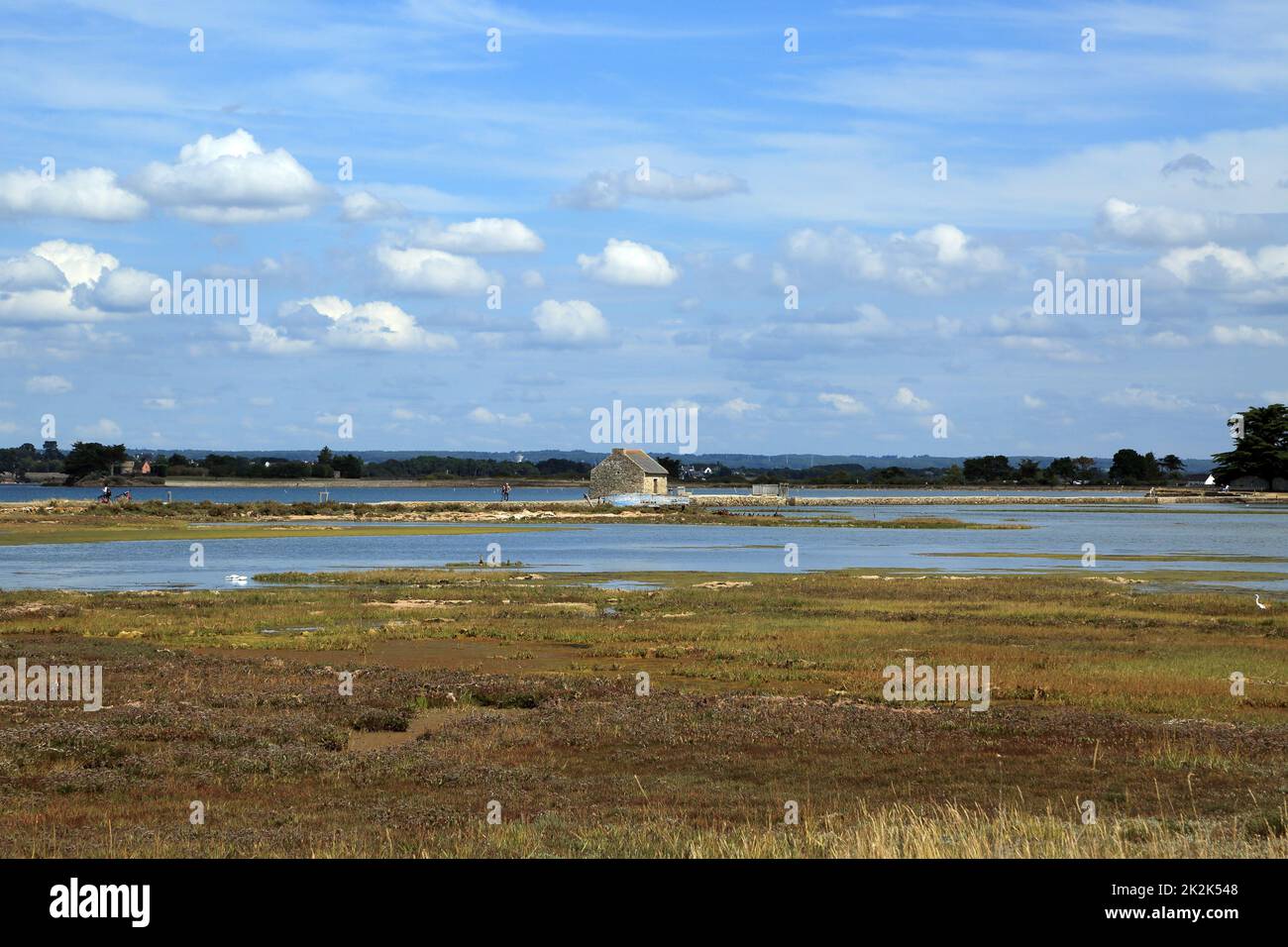 View across Etang du Moulin to sea wall and Watermill Moulin a maree de ...