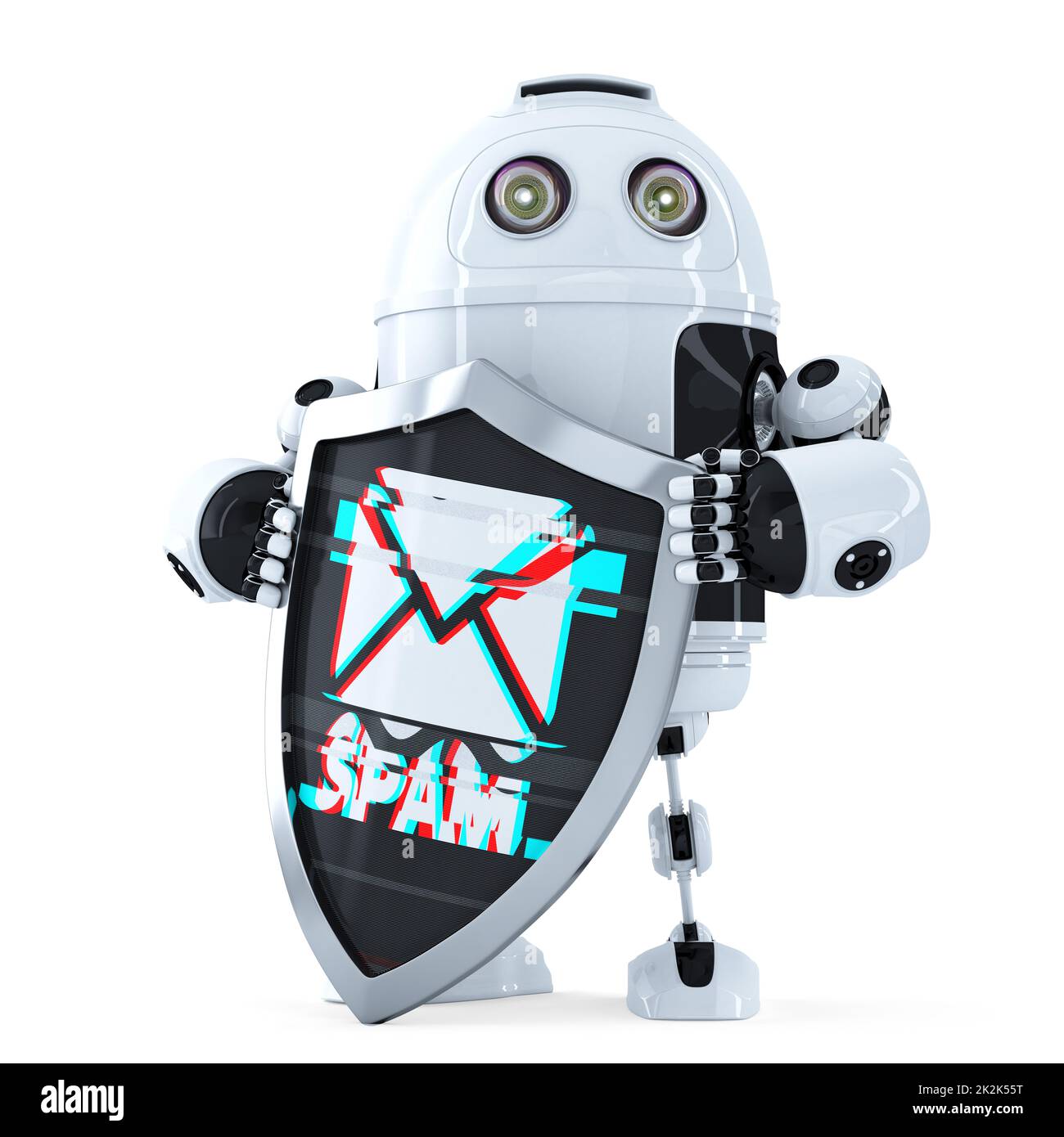 Robot with shield. Spam protection concept. Isolated. Contains clipping ...