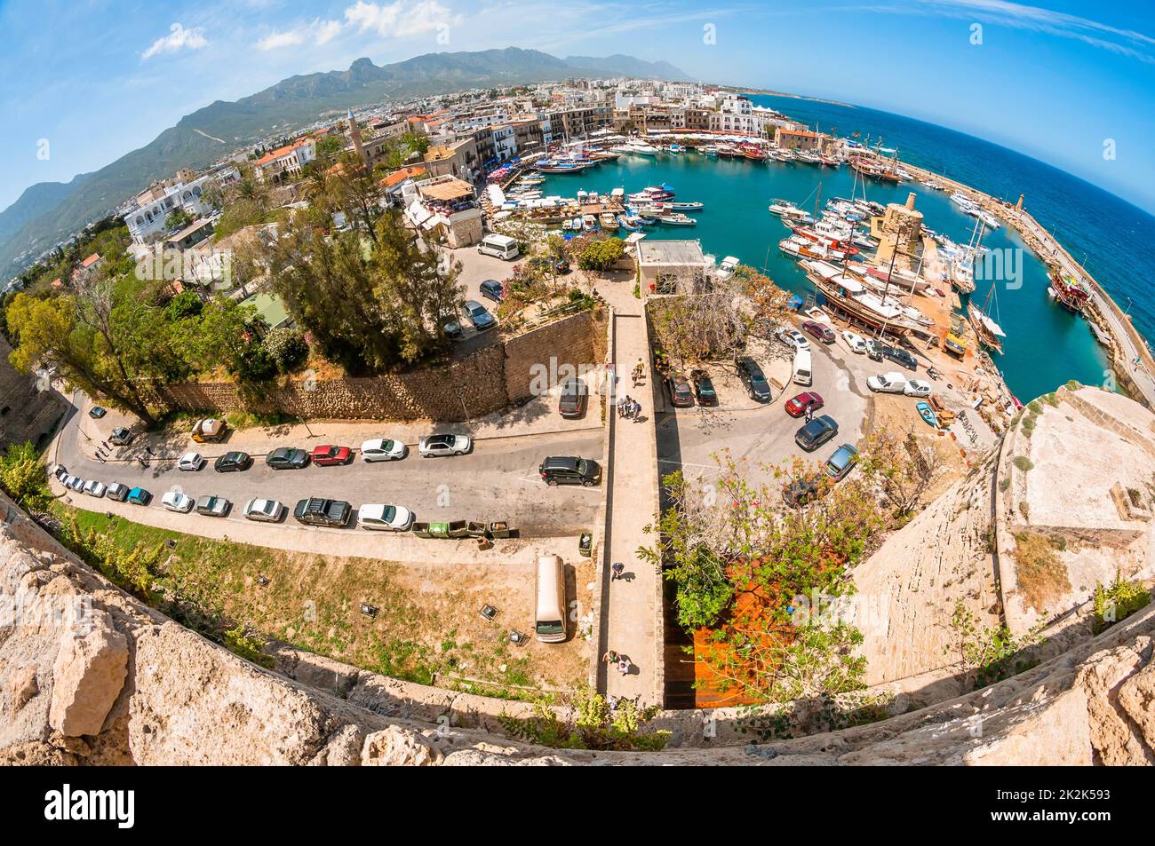 KYRENIA, CYPRUS - FEBRUARY 21: View of Kyrenia harbour from castle ...