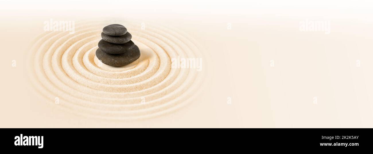 Zen japanese garden and black stones background. Horizontal banner ...