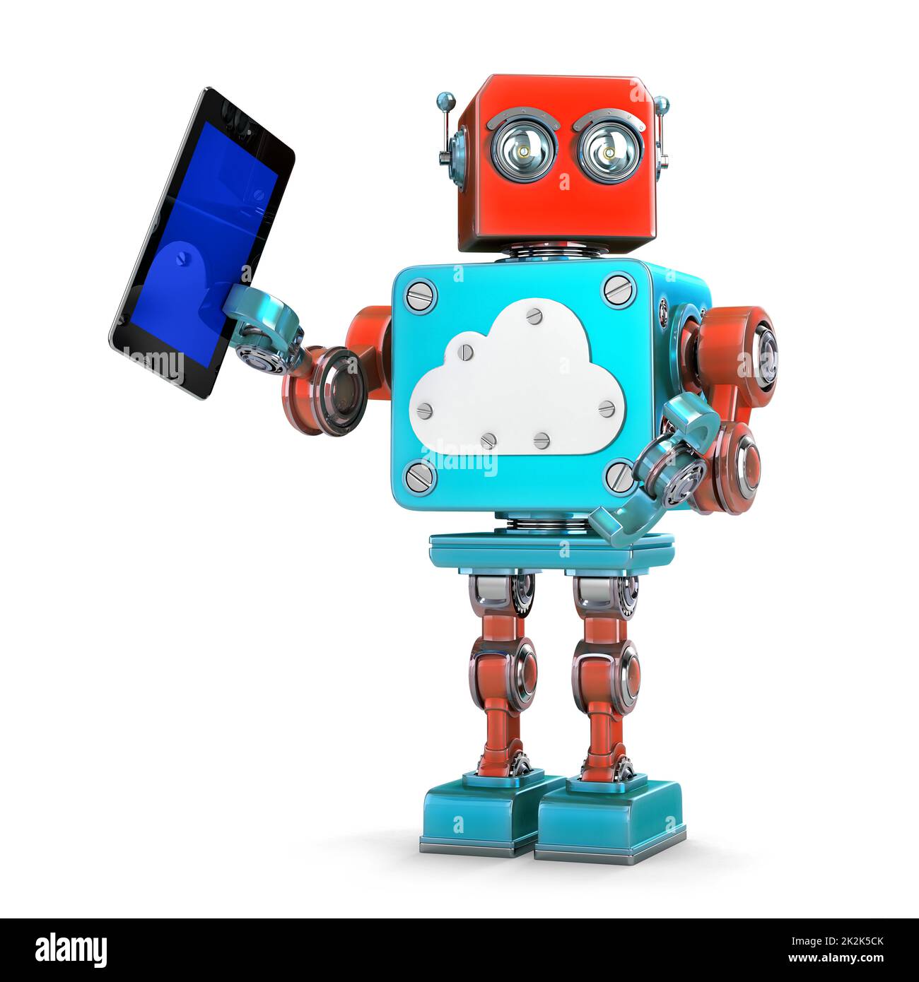 Vintage robot with tablet and cloud symbol. Technology concept ...