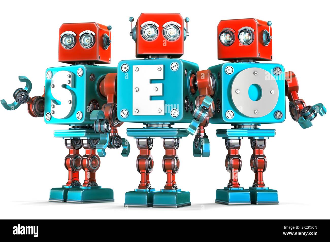 Group of vintage robots with SEO sign. SEO optimization concept ...