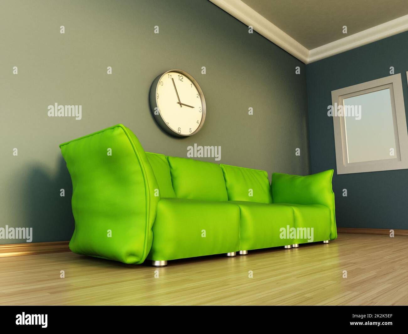 Green couch standing on parquet ground. 3D illustration Stock Photo - Alamy