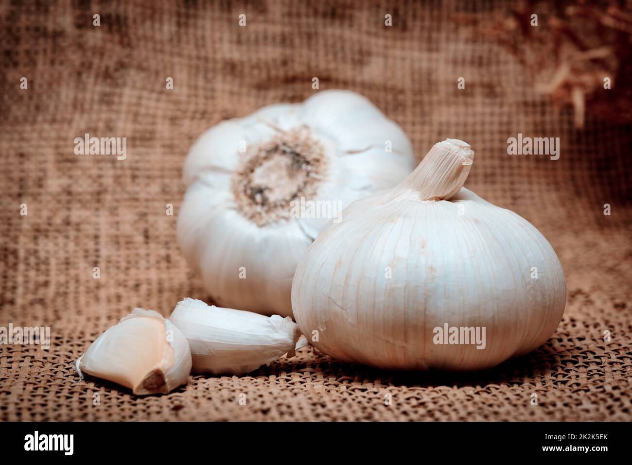 Garlic on the linen texture. Close-up. Color tone tuned photo Stock ...