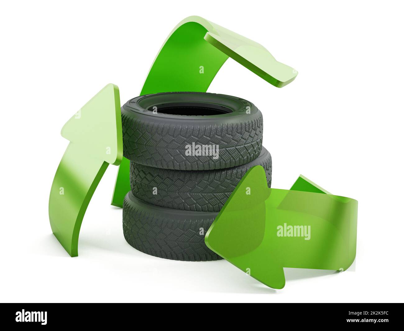 Recycle symbol around used tyres. 3D illustration Stock Photo - Alamy