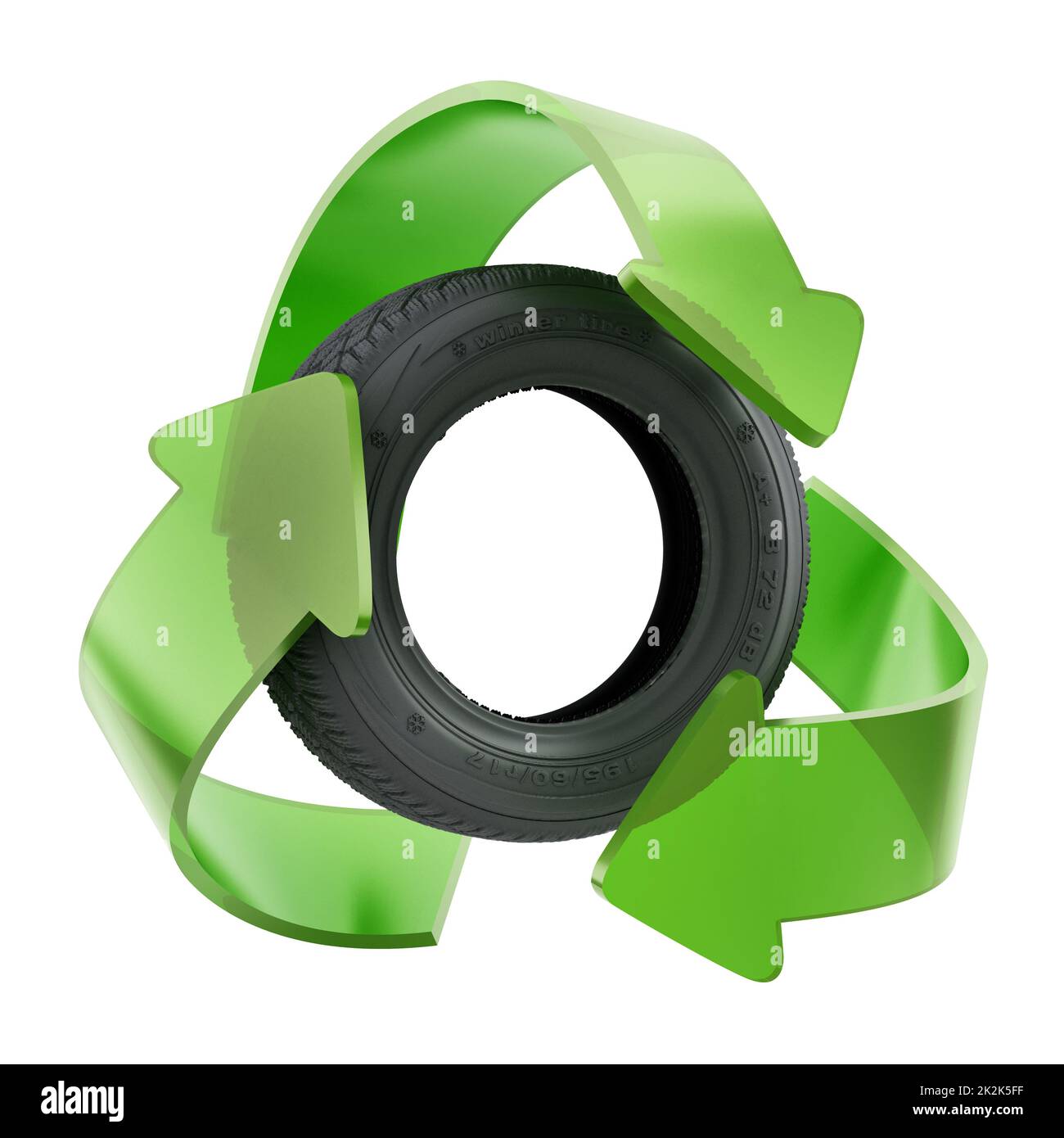 Recycle symbol around used tyre. 3D illustration Stock Photo - Alamy