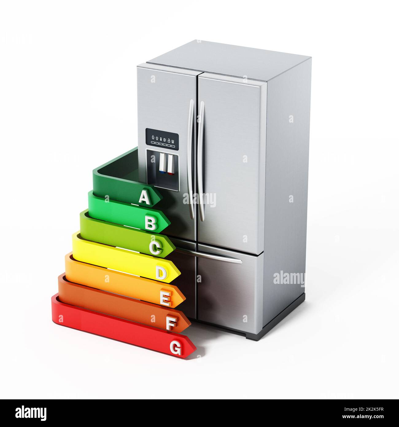 Generic silver refrigerator and energy efficiency levels chart. 3D ...