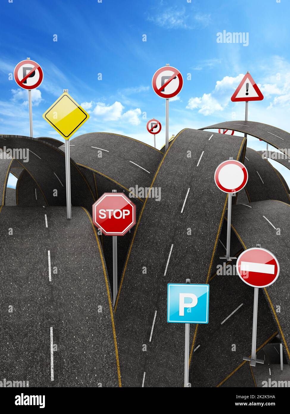 Tangled, crowded, chaotic roads and traffic signs. 3D illustration ...