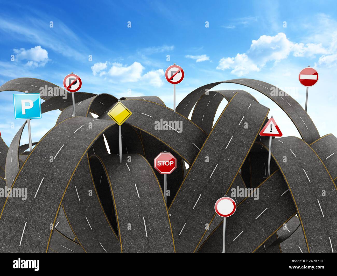 Tangled, crowded, chaotic roads and traffic signs. 3D illustration ...
