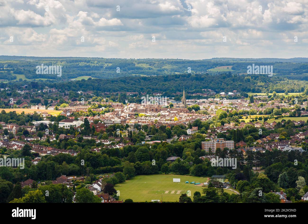 Elevated distant panoramic view from Box Hill of the town of Dorking in ...