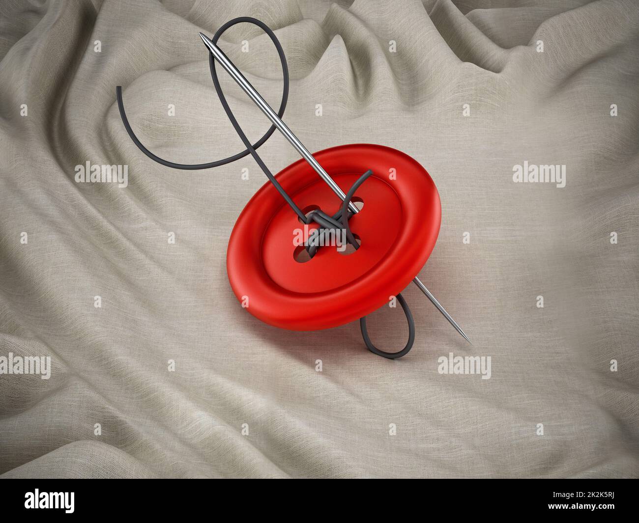 Sewing needle, string and red button on white cloth. 3D illustration ...
