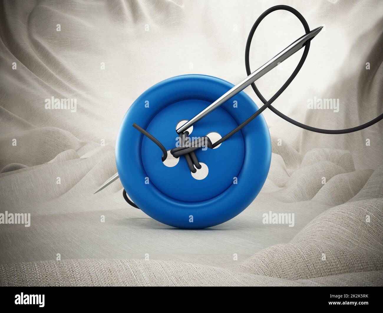 Sewing needle, string and red button on white cloth. 3D illustration ...