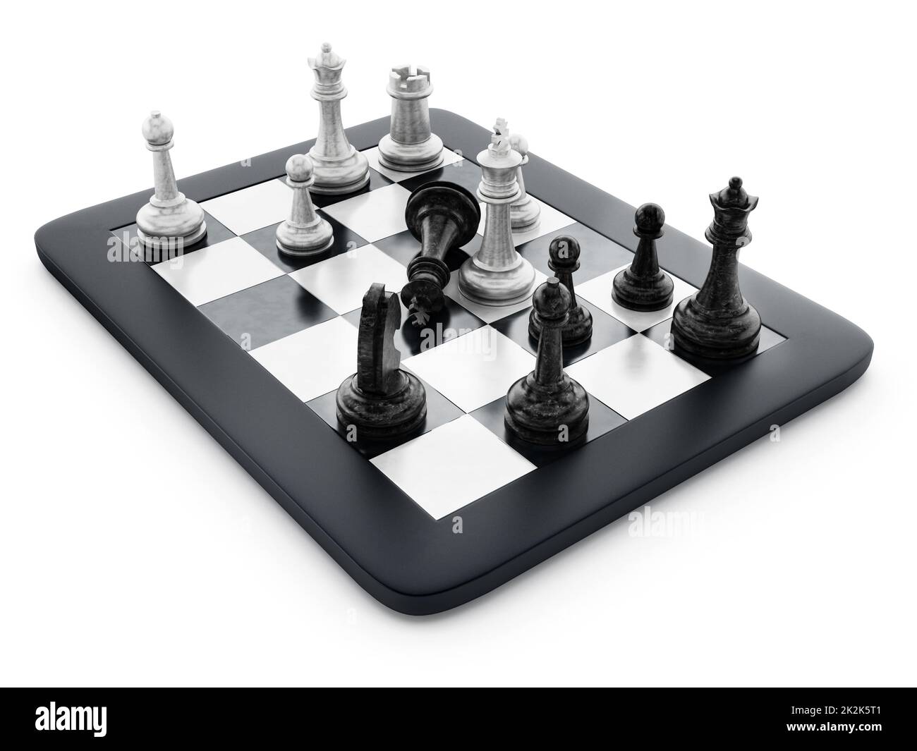 Black and white chess pieces standing on tablet computer. 3D ...