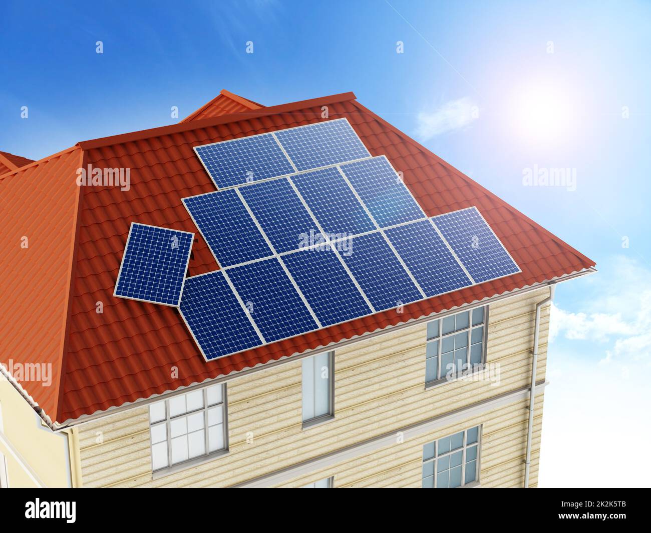 Solar panels being installed on building rooftop. 3D illustration Stock ...
