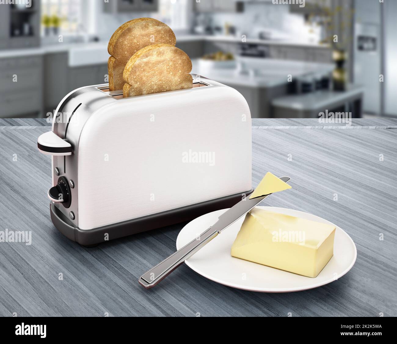 Butter and knife beside toaster and grilled bread. 3D illustration ...