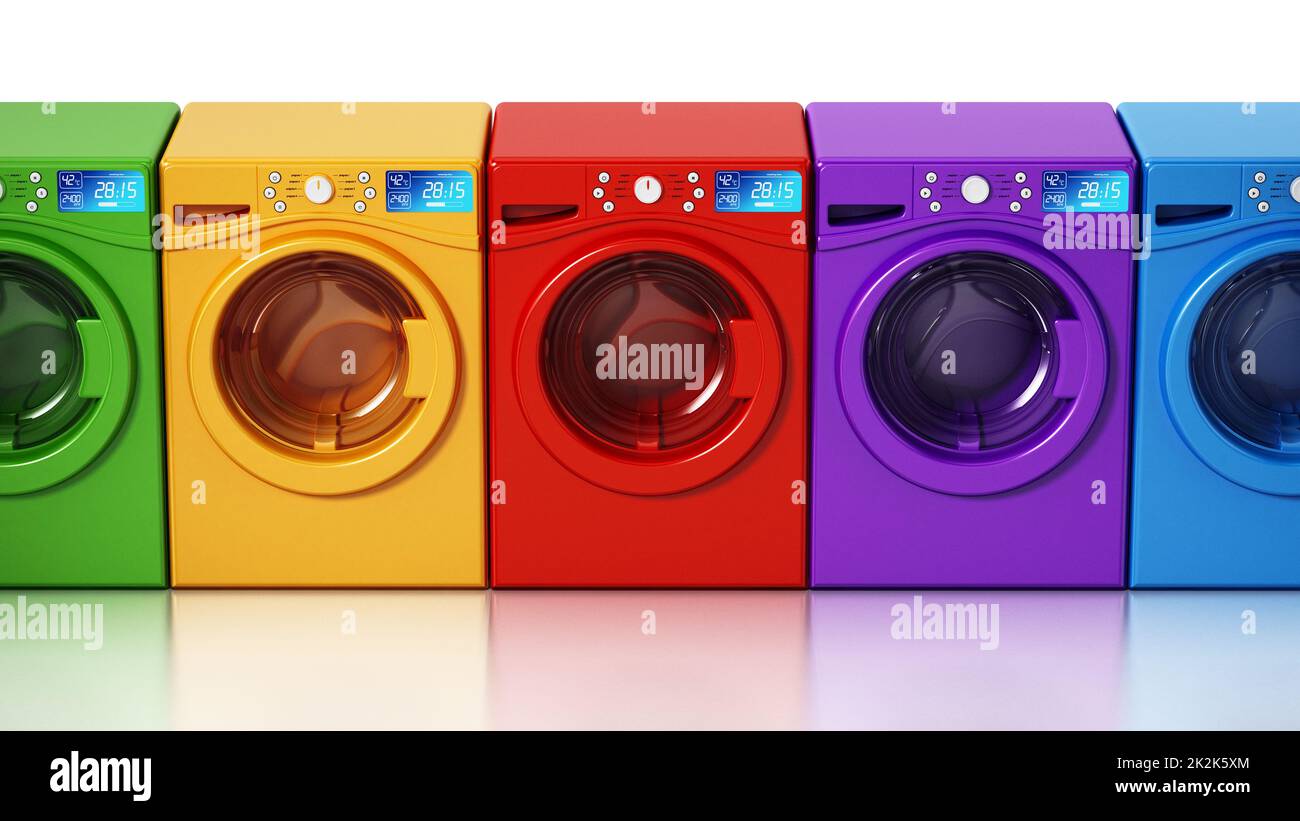 Multi colored washing machines isolated on white background. 3D ...