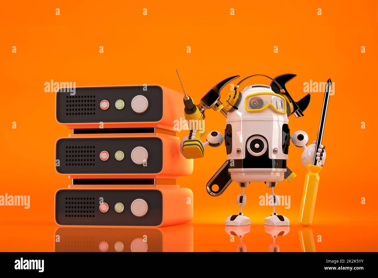 Robot Technician doing maintenance on server. Contains clipping path ...