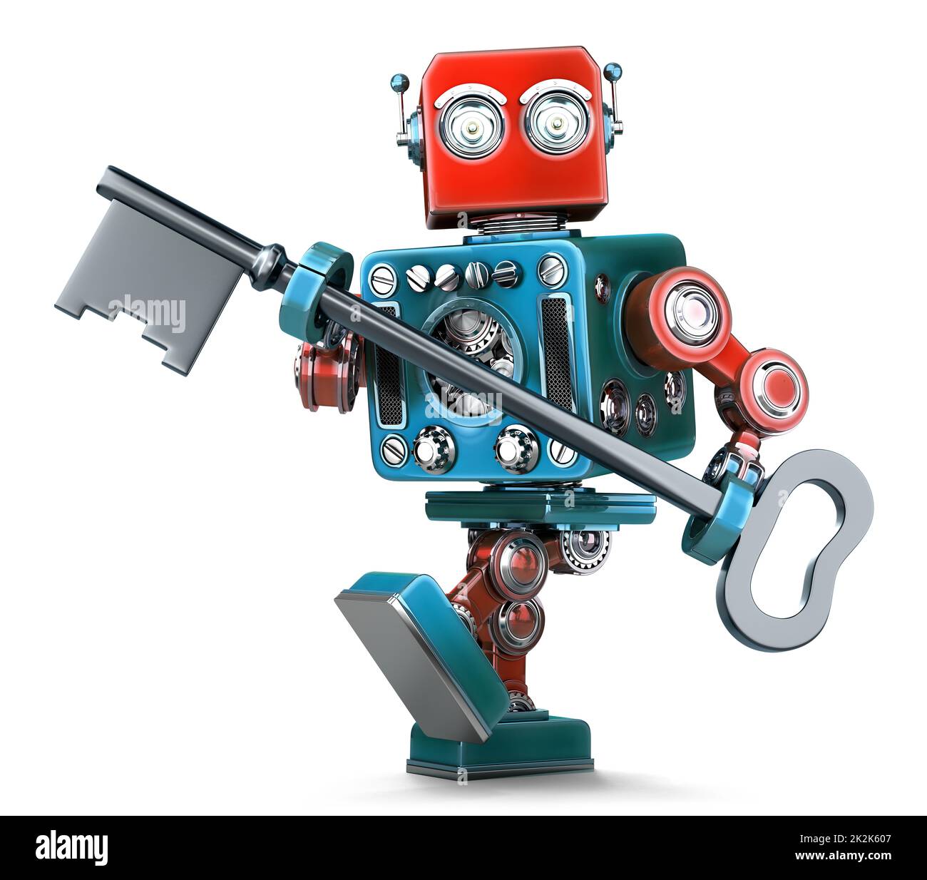 Retro robot holding a big antique key in his hands. Isolated. Contains ...