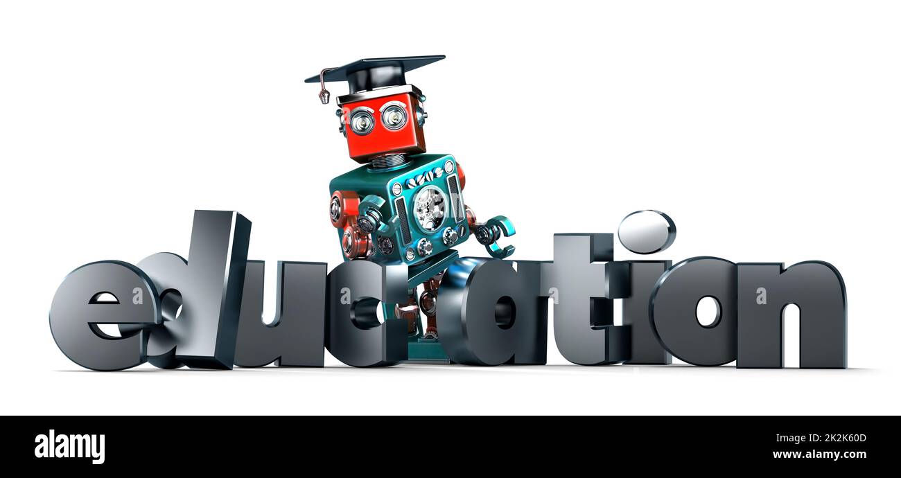 Retro robot with EDUCATION sign. Isolated. Contains clipping path Stock ...