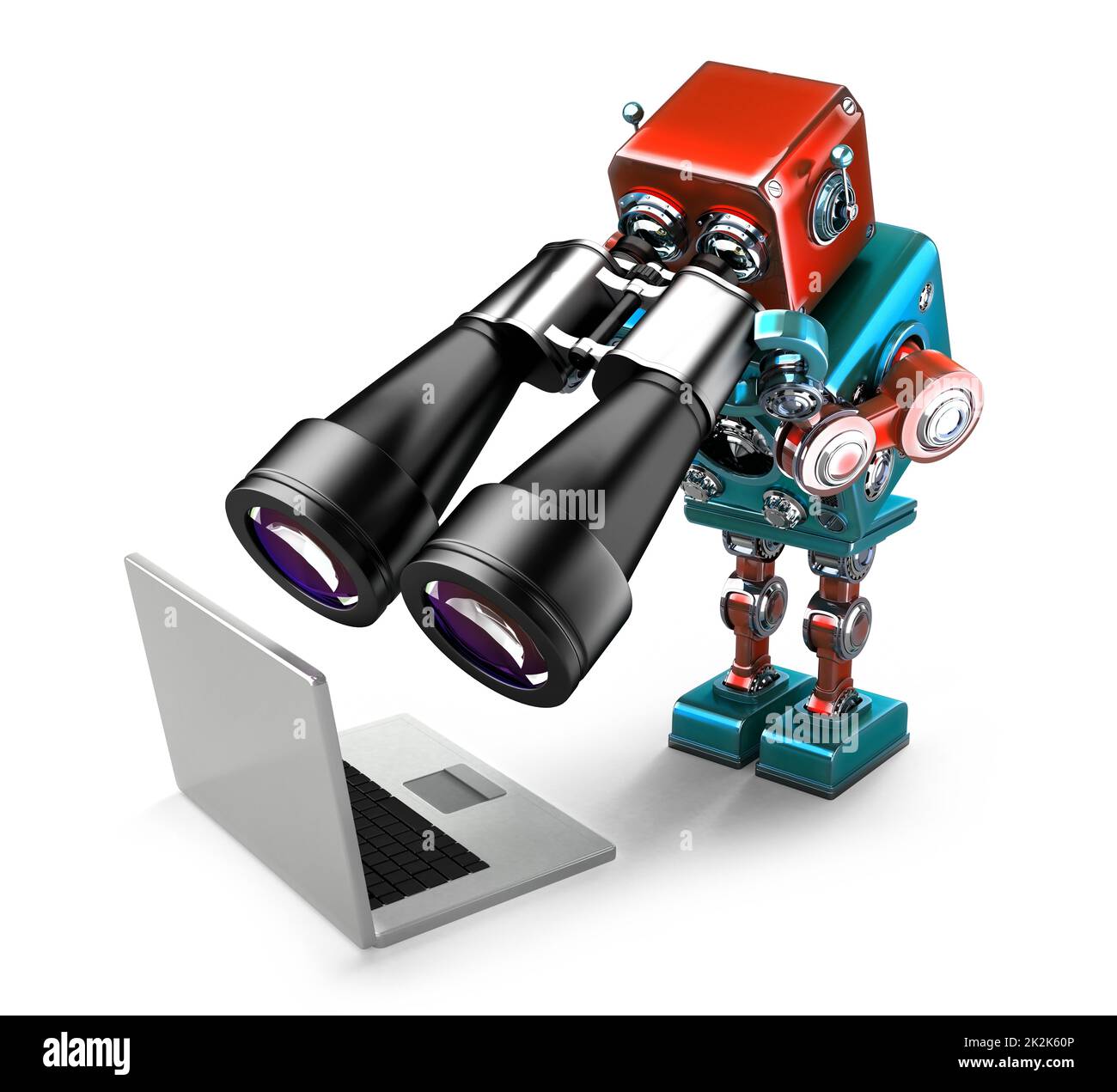 Robot holding binoculars and looking at laptop. Searching concept ...