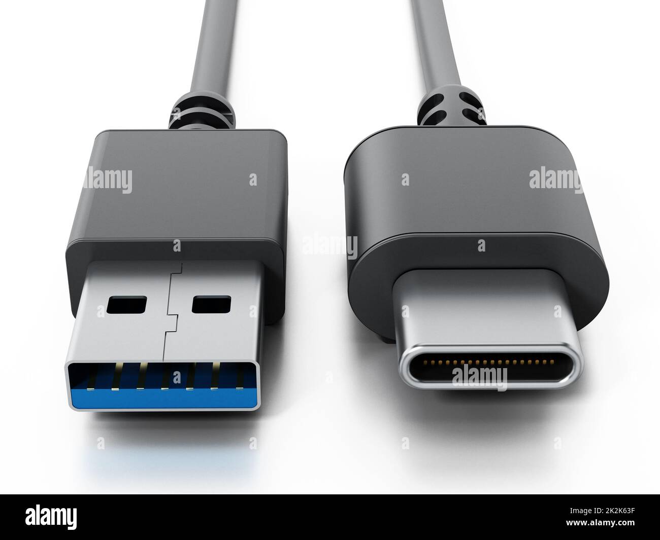 USB type C and USB 3.0 cables isolated on white background. 3D ...