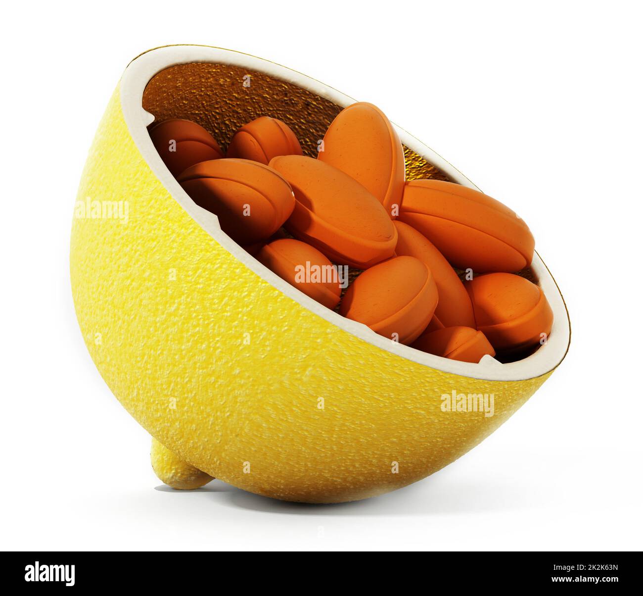 Vitamin C pills inside half lemon isolated on white background. 3D ...