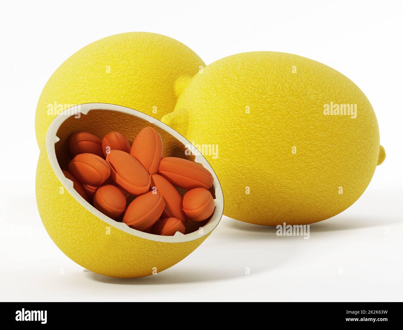 Vitamin C pills inside half lemon isolated on white background. 3D ...