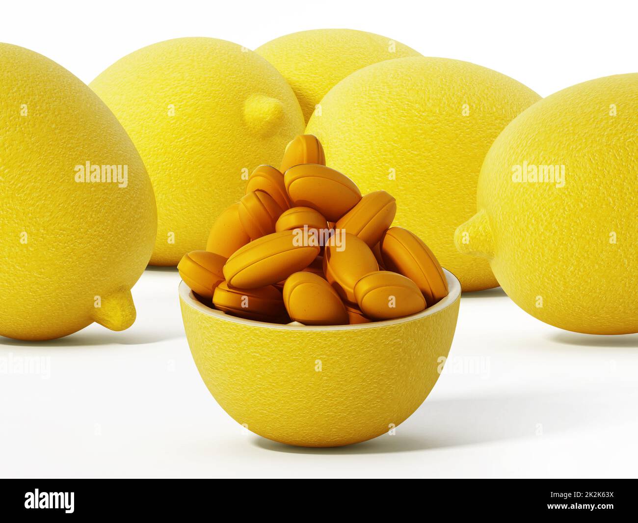 Vitamin C pills inside half lemon isolated on white background. 3D ...