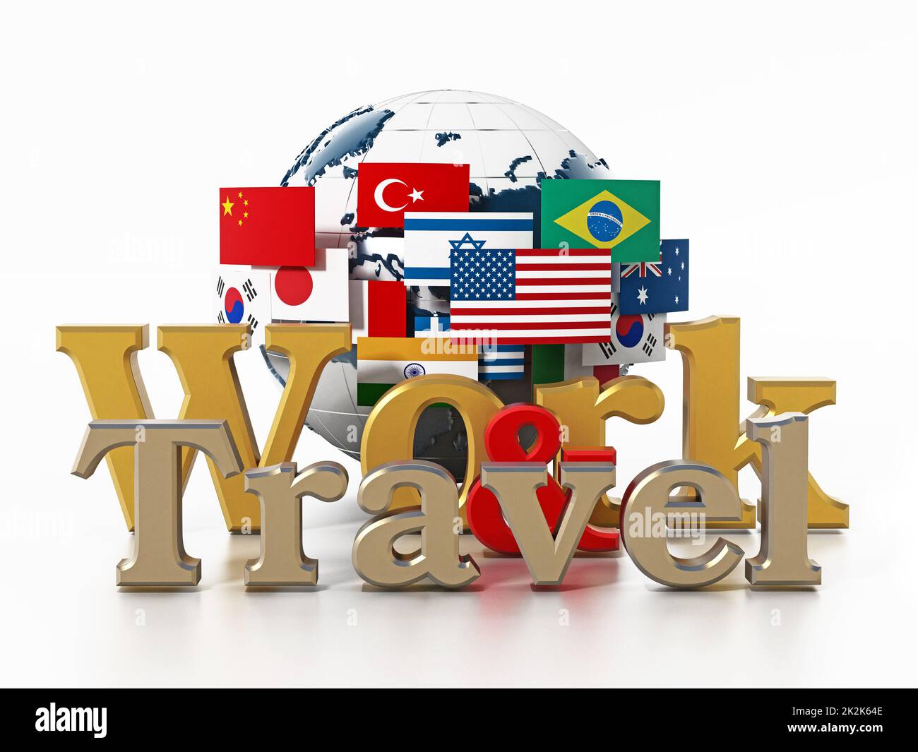 Globe, flags, work and travel text isolated on white background. 3D ...