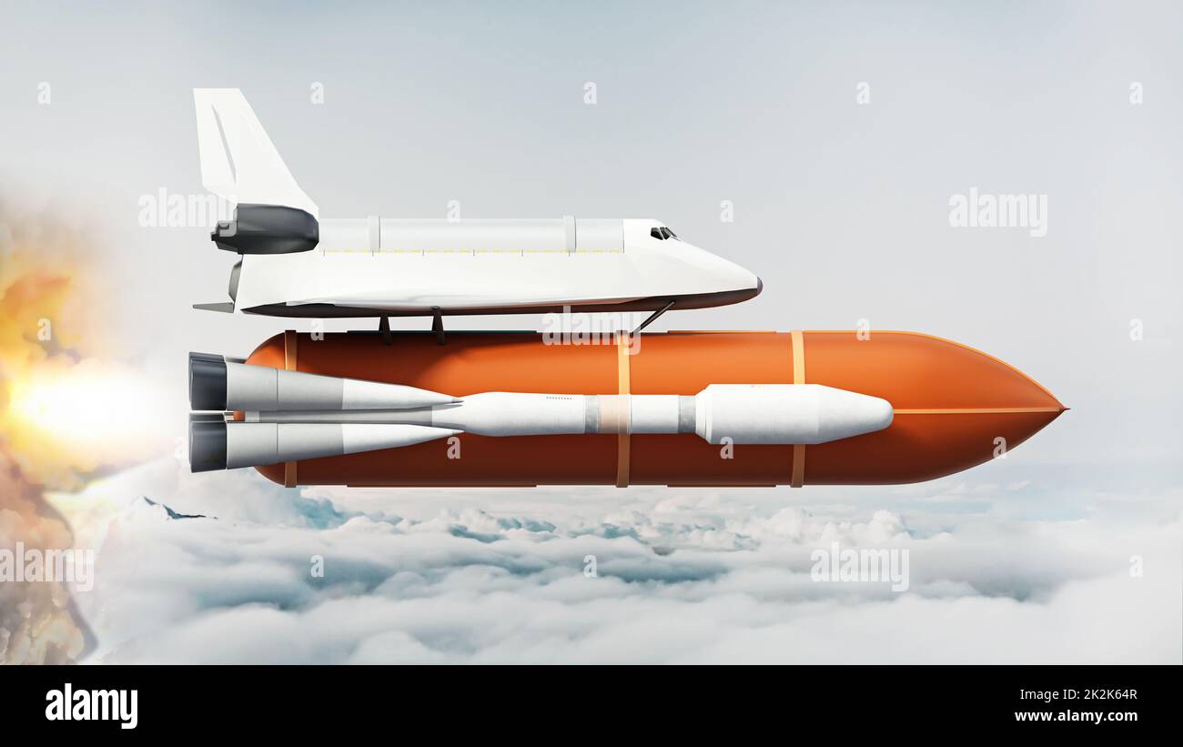Space shuttle on the rocket moving above the clouds. 3D illustration ...