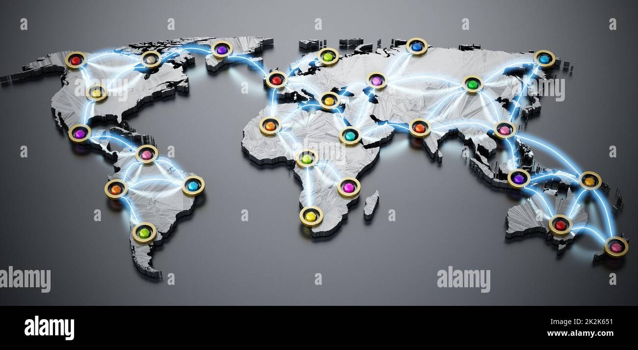 Flight or internet network on 3D world map. 3D illustration Stock Photo ...