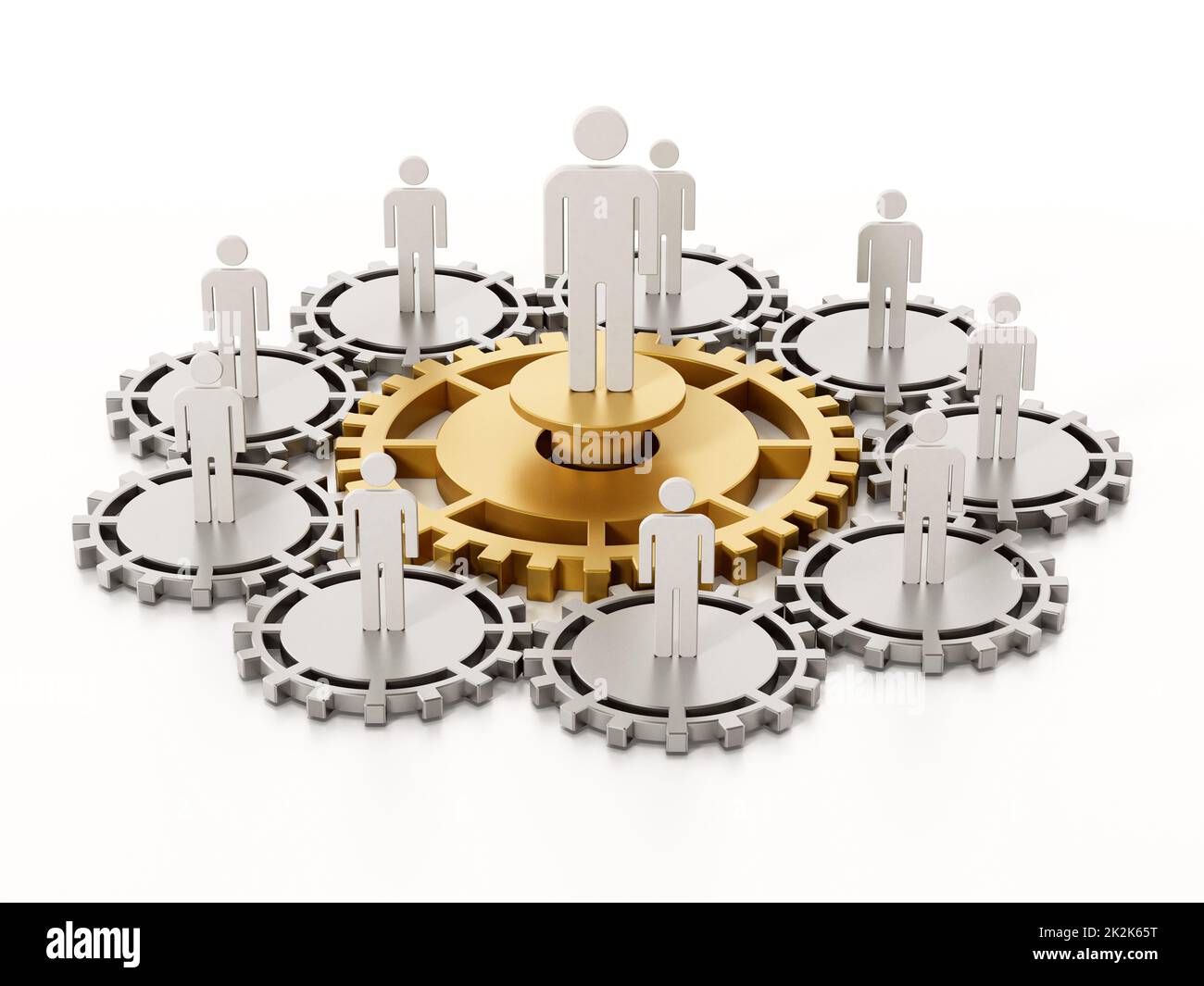 People standing on connected gears. 3D illustration Stock Photo - Alamy