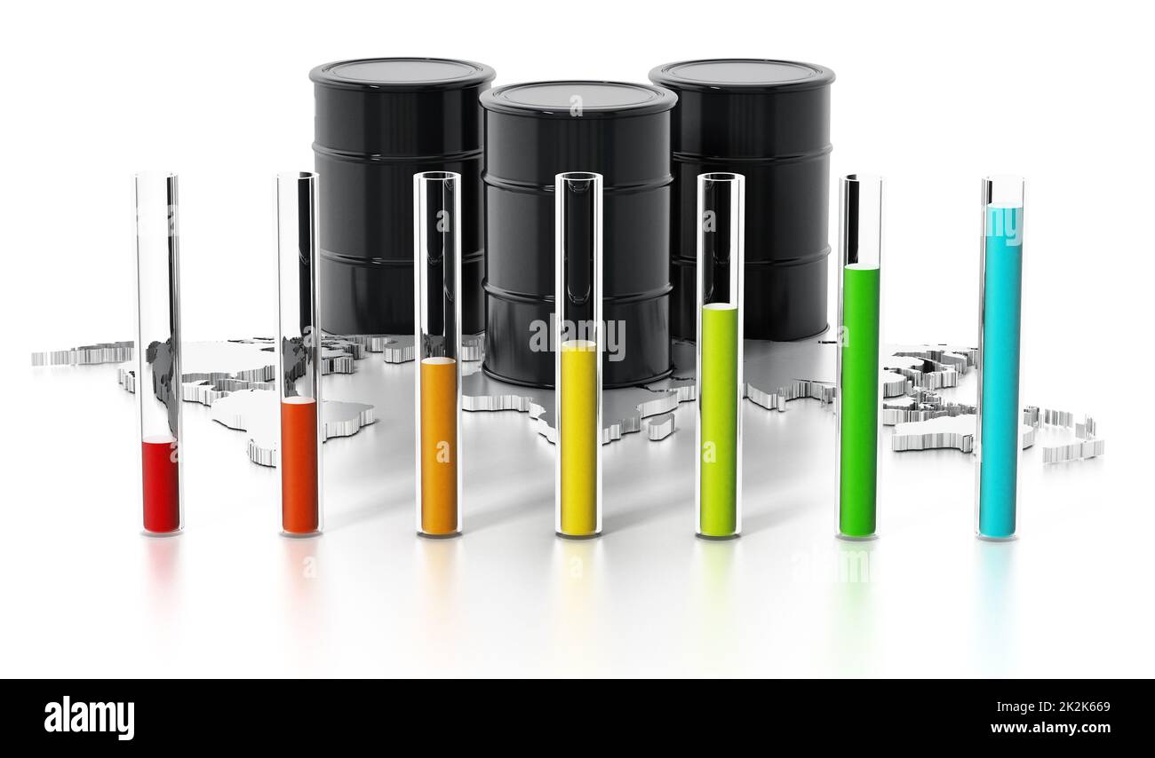 Oil barrels, world map and sale lines. 3D illustration Stock Photo - Alamy