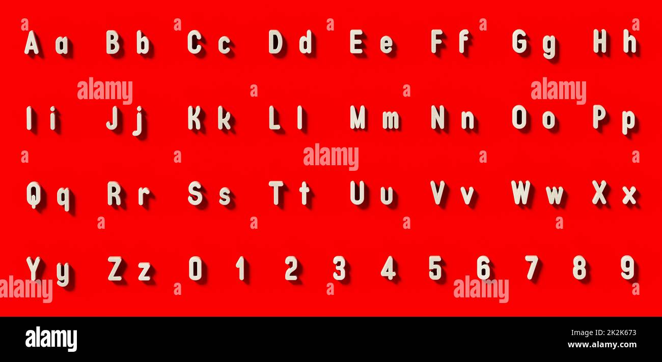 White letters and numbers on red background. 3D illustration Stock ...