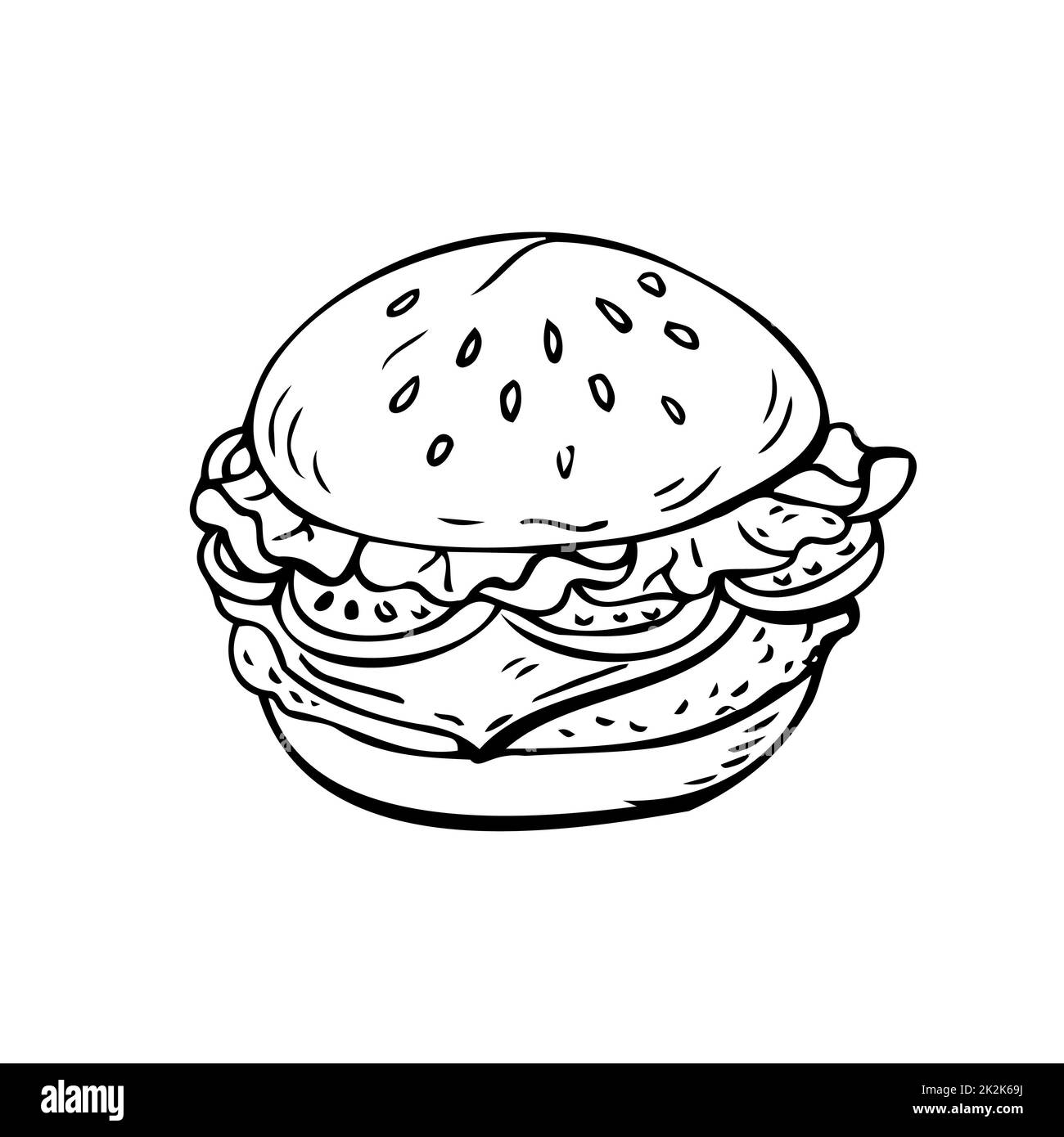 American burger hamburger thin black lines on white background - Vector ...