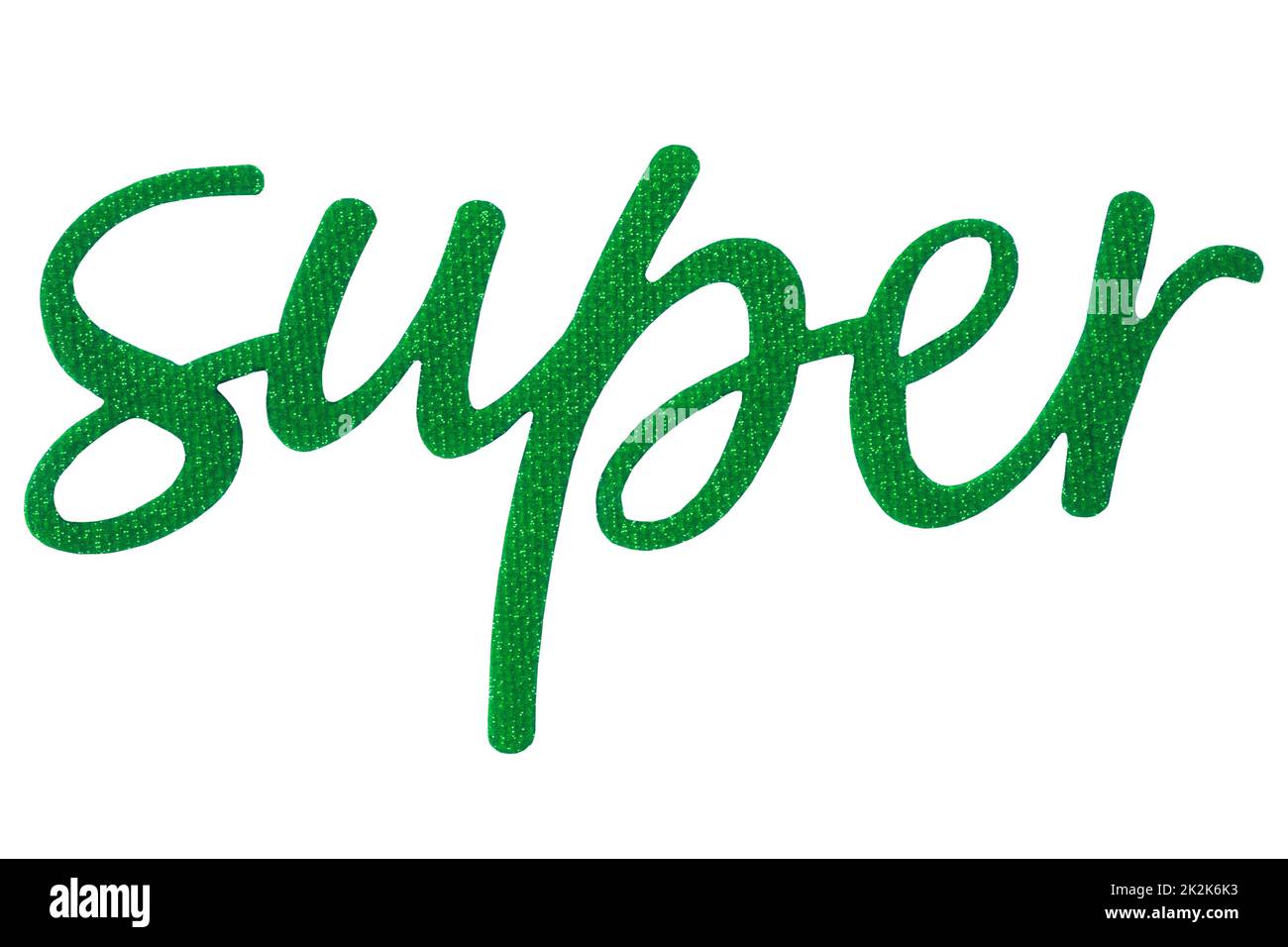 Closeup of the word "Super" in green color made of paper and fabric ...