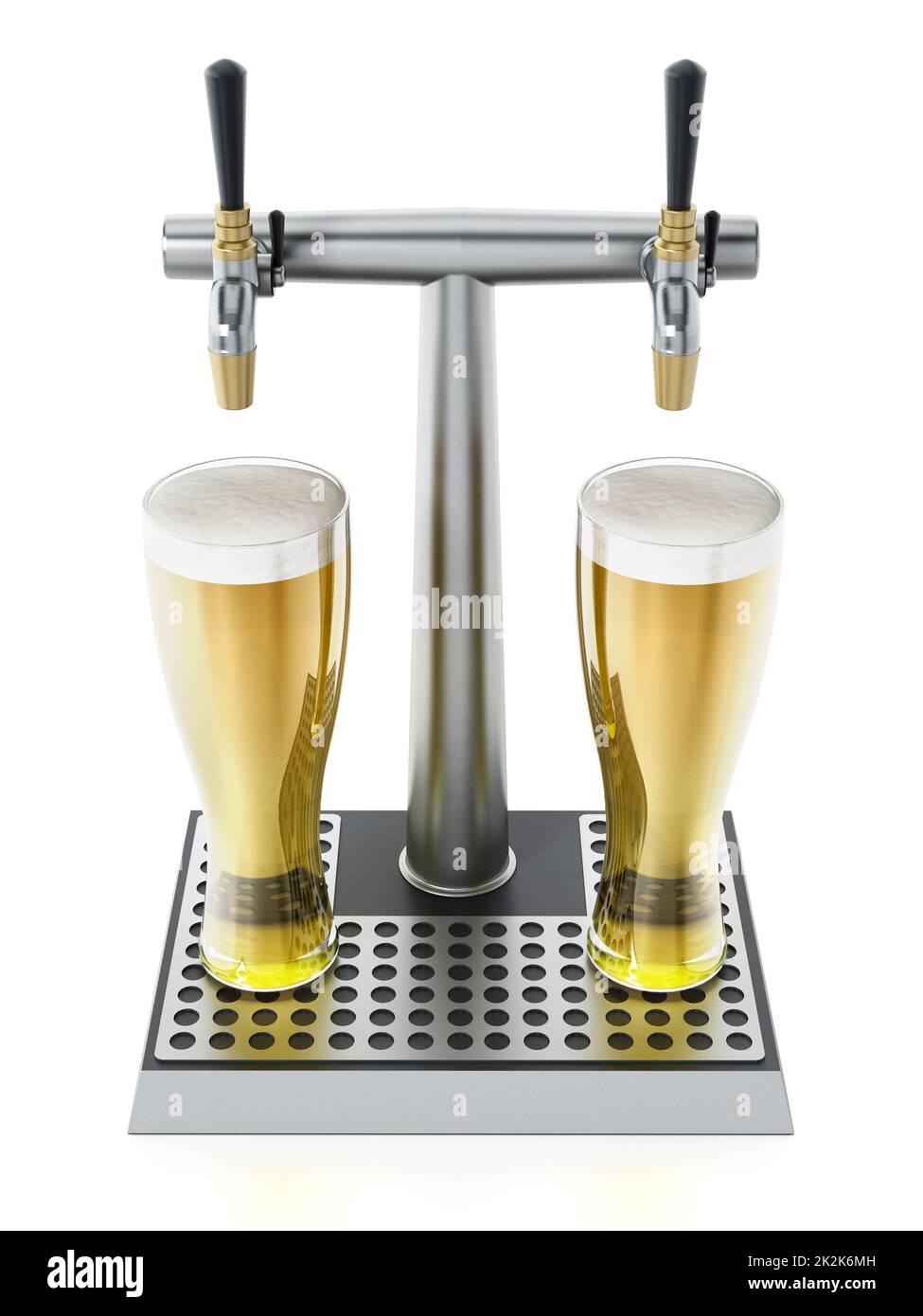 Two glasses of beer under alcoholic beverage taps. 3D illustration ...