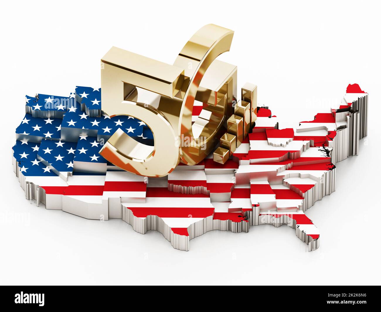 5G word standing on USA map covered with American flag. 3D illustration ...
