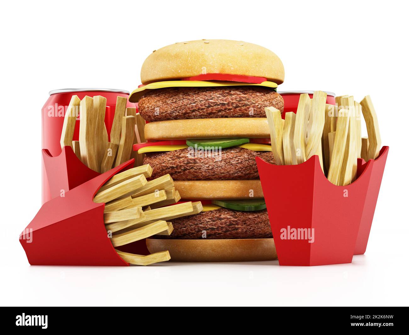 Triple sized hamburger, french fries and soda. 3D illustration Stock ...
