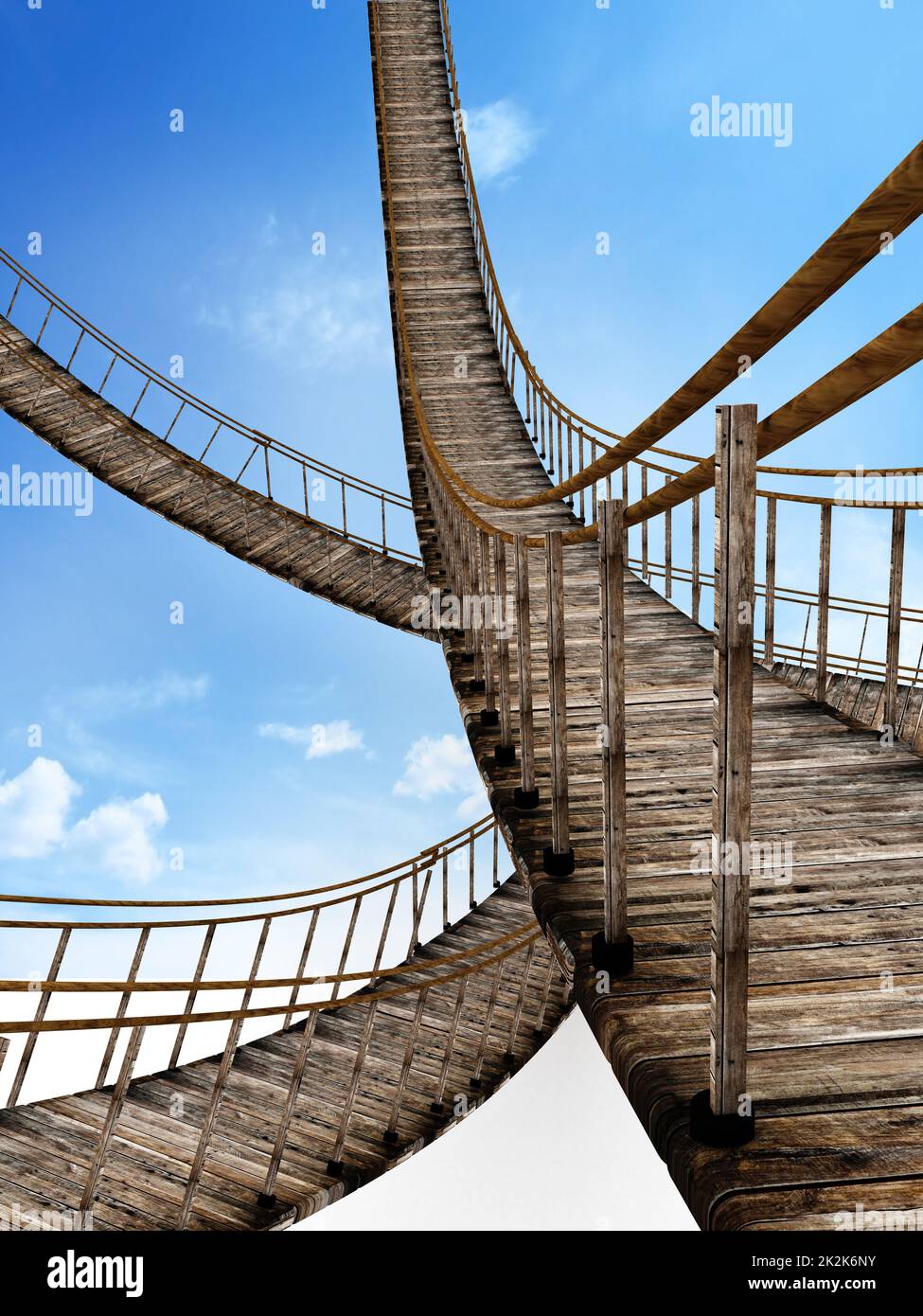 Old wooden suspended bridges against blue sky. 3D illustration Stock ...