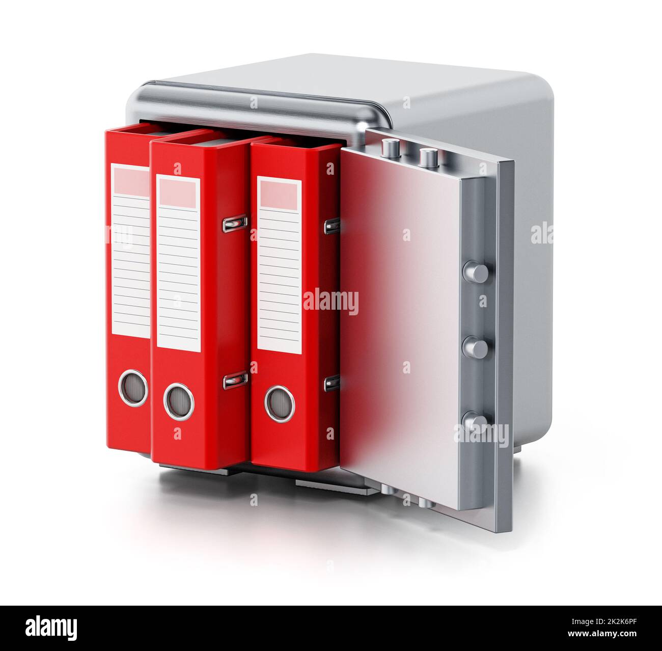 Red folders inside steel safe isolated on white background. 3D ...