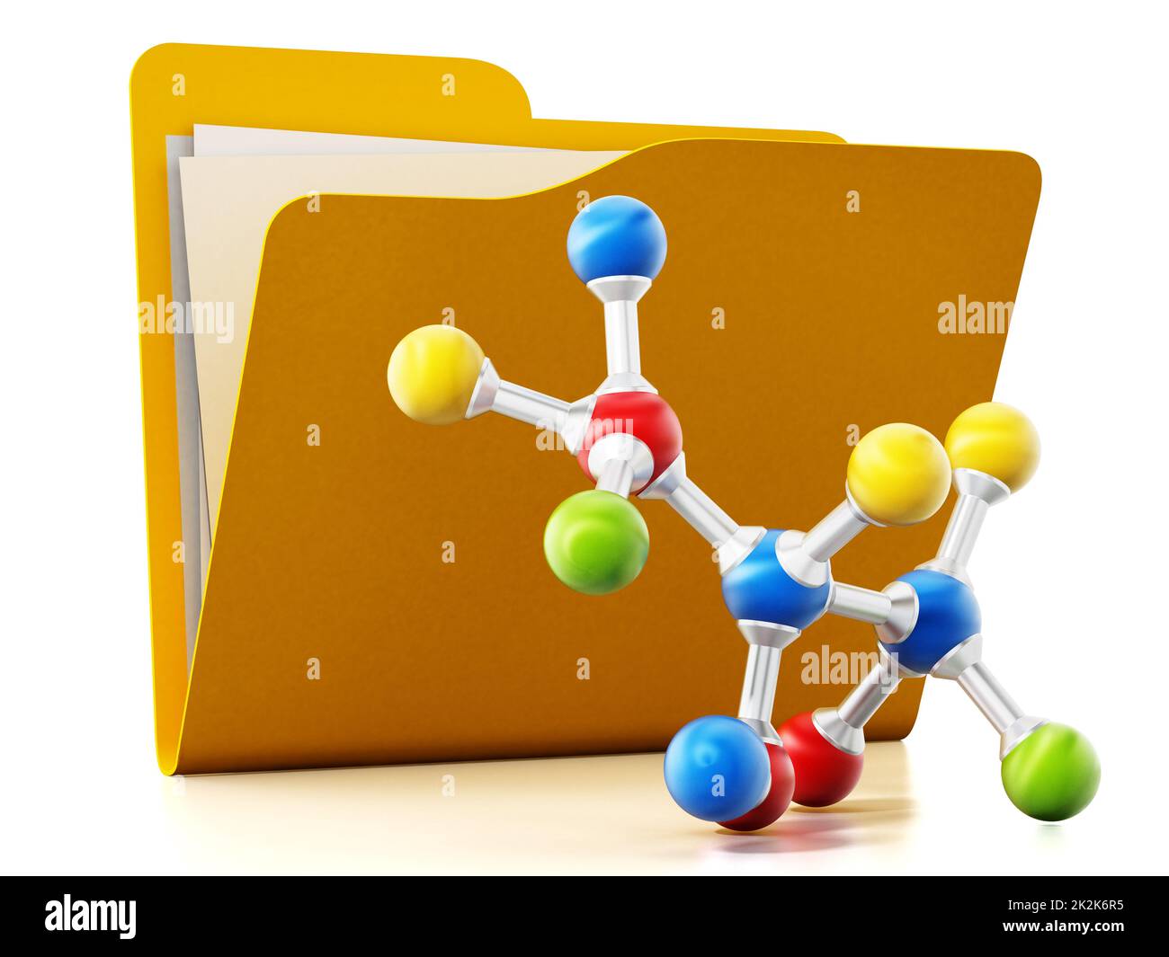 Open yellow folder and multi colored molecule model. 3D illustration ...