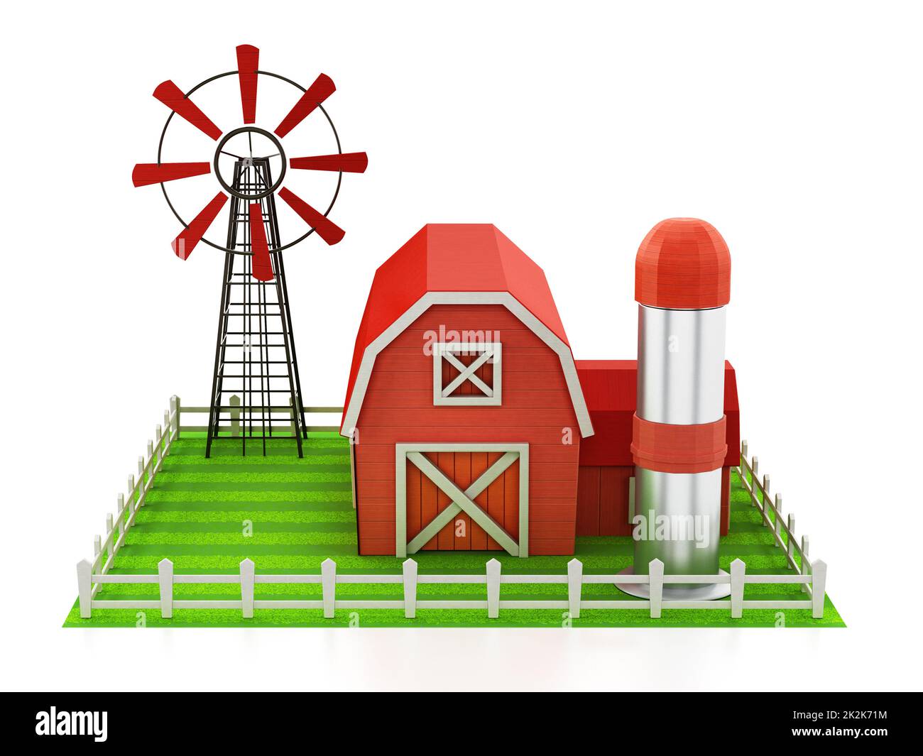 Farmhouse with windmill and silo standing on green area. 3D ...