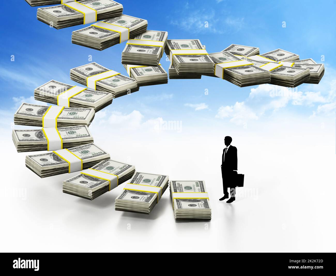 Silhouette of a businessman by dollars forming stairs. 3D illustration ...