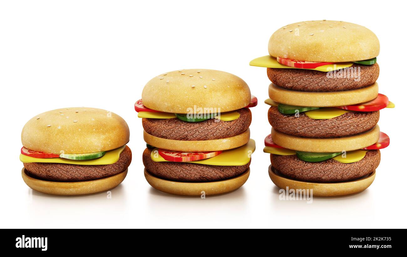 Standard, double and triple sized hamburgers. 3D illustration Stock ...
