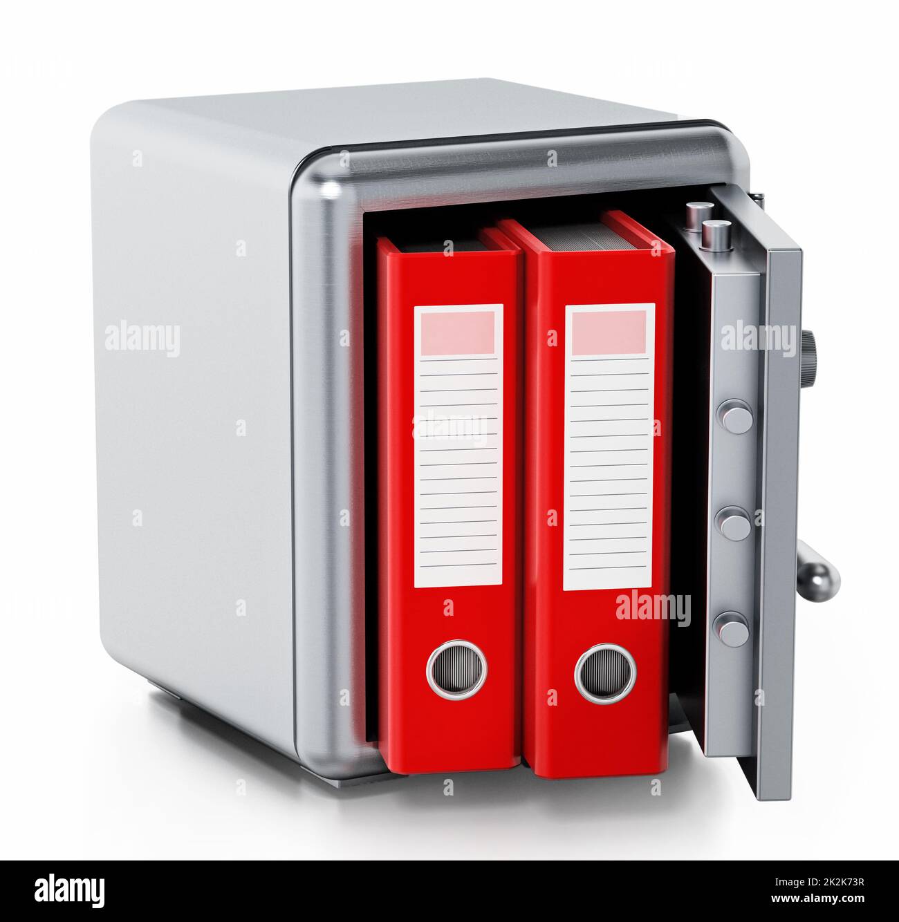 Red folders inside steel safe isolated on white background. 3D ...
