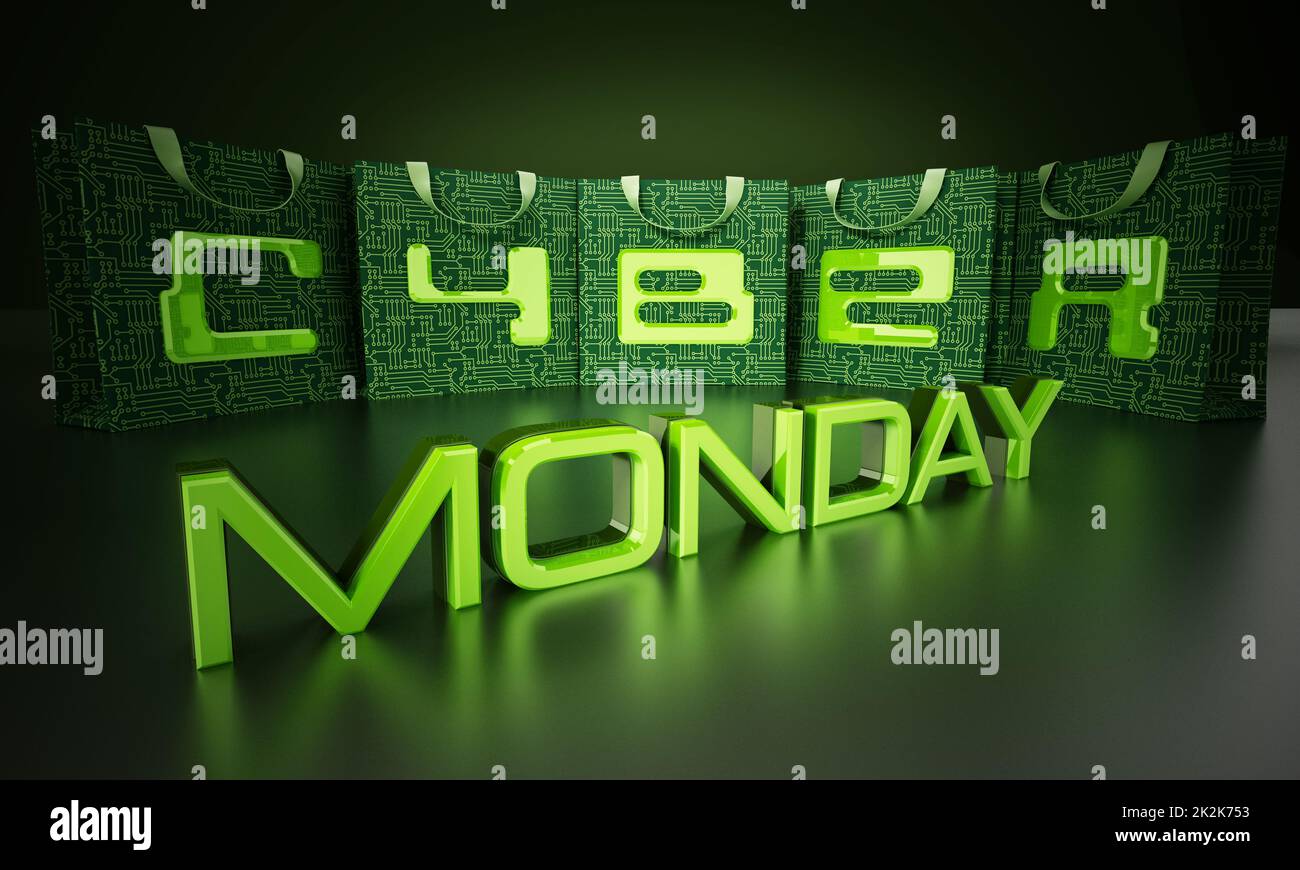 Cyber monday text on shopping bags. 3D illustration Stock Photo - Alamy
