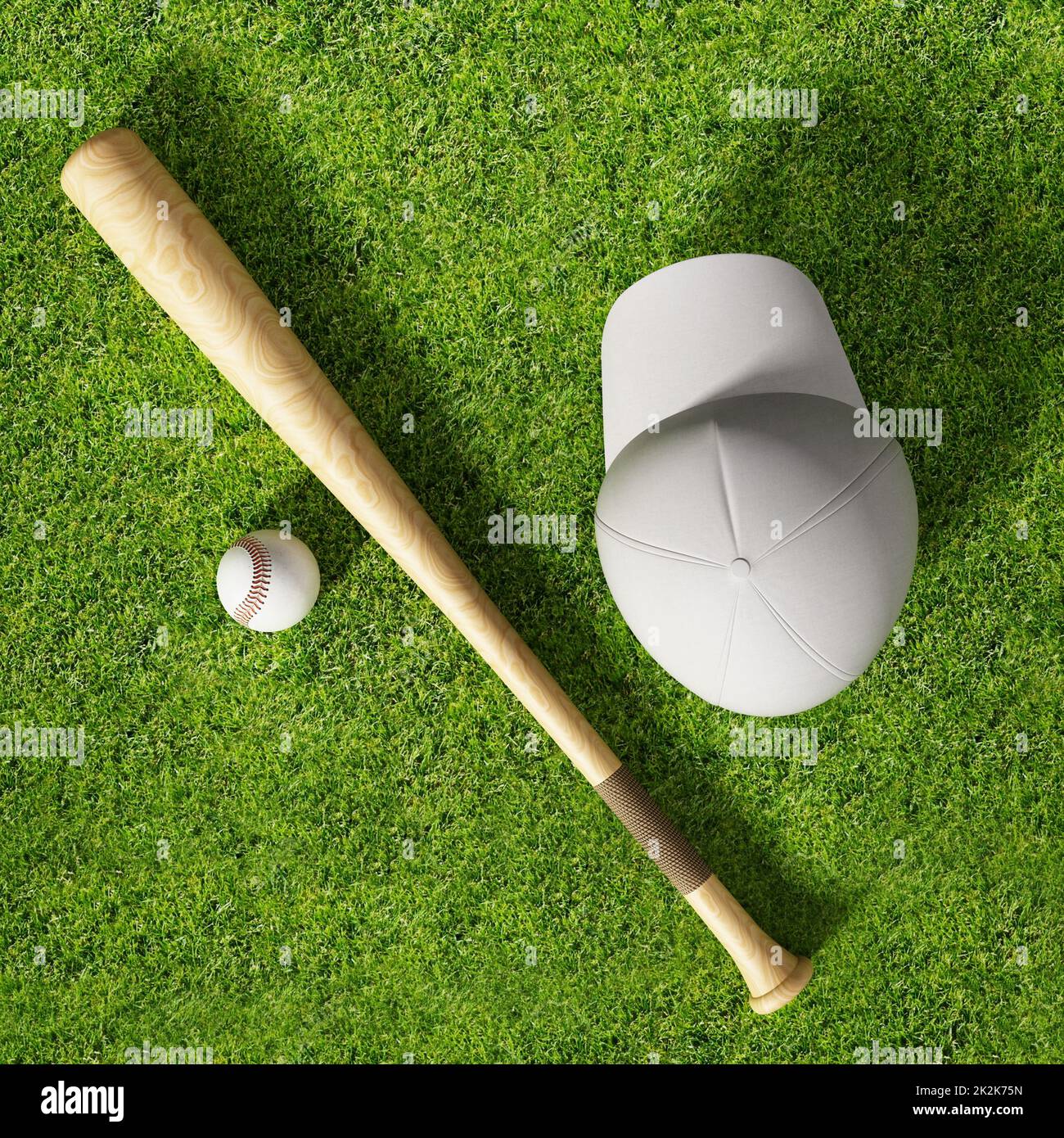 Baseball cap, ball and bat standing on grass field. 3D illustration ...