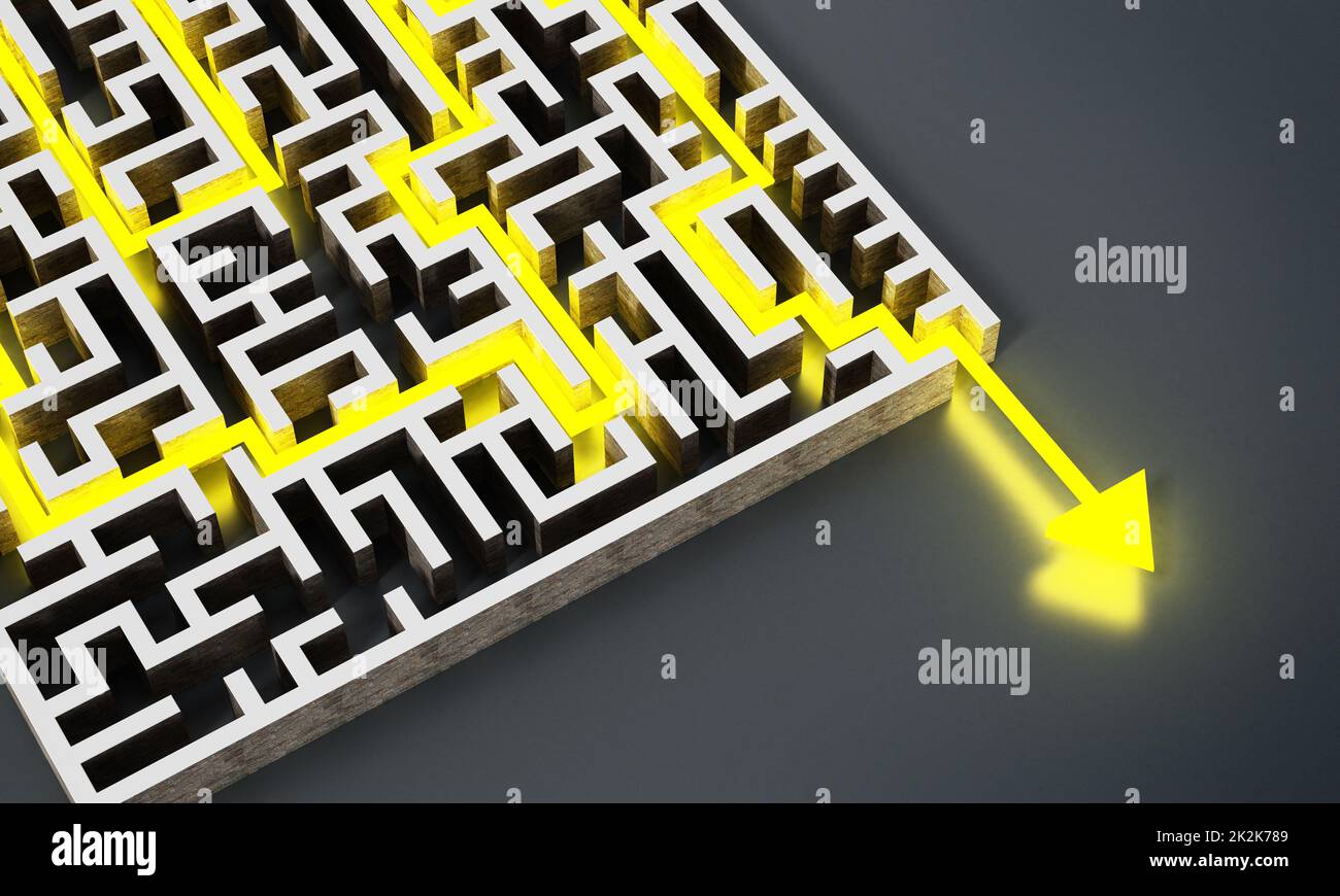 Yellow arrow successfully navigating trough the labyrinth. 3D ...