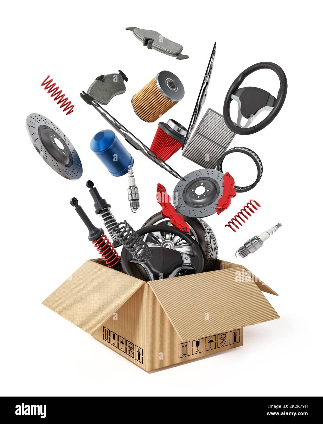 Auto spare parts standing on white background. 3D illustration Stock ...